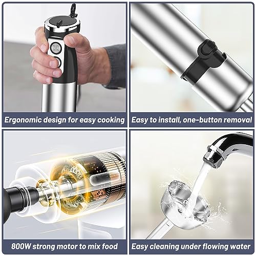 Immersion Blender 800W, 5 in 1 Hand Blender, 24 Speed and Turbo Mode Immersion Blender Handheld, Stick Blender Stainless Steel Blade with Mixing Beaker, Chopper, Whisk and Milk Frother