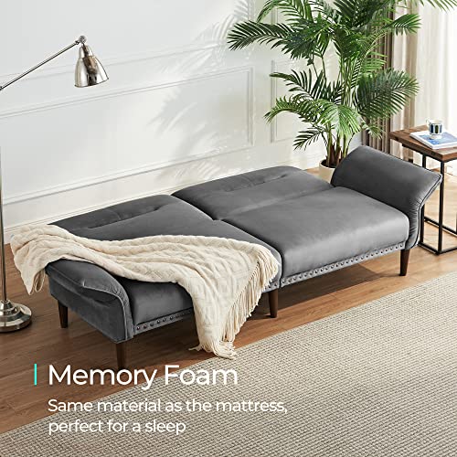 LINSY HOME Futon Sofa Bed, Velvet Sleeper Sofa with Mattress and Frame, Memory Foam Futon Couch for Small Spaces, Living Room, Dark Grey