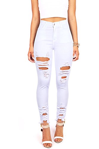 Vibrant Women’s Denim Skinny Jeans – Stretch High Waisted Raw Edges Heavy Distressed Ripped Casual Slim Fit Pants VP1213 White 9