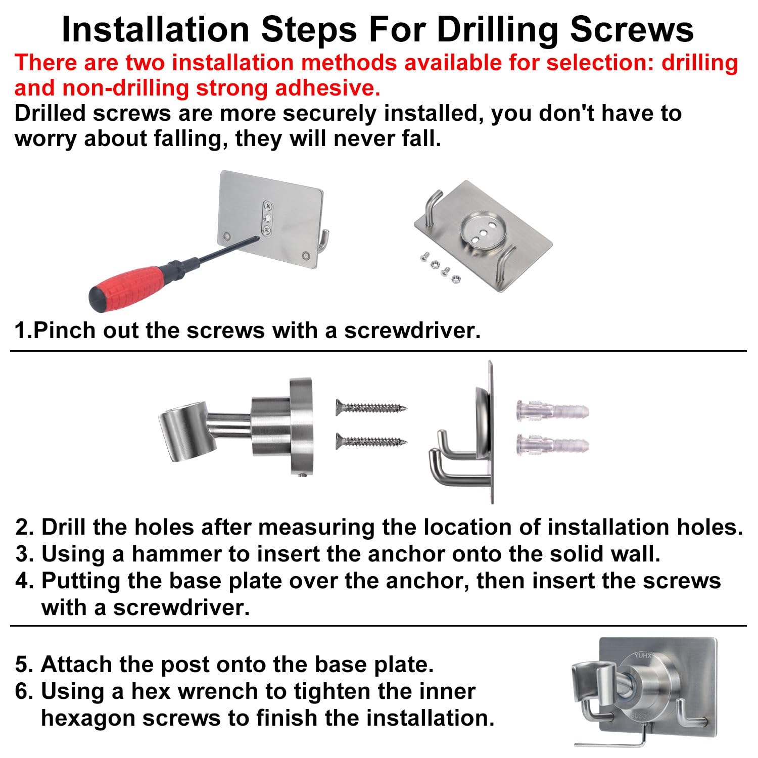 Shower Head Holder All Metal Strong Adhesive and Drilling Screws Two Installation Methods, Adjustable Handheld Shower Head Mount,Stainless Steel Hand held Showerhead Wand bracket
