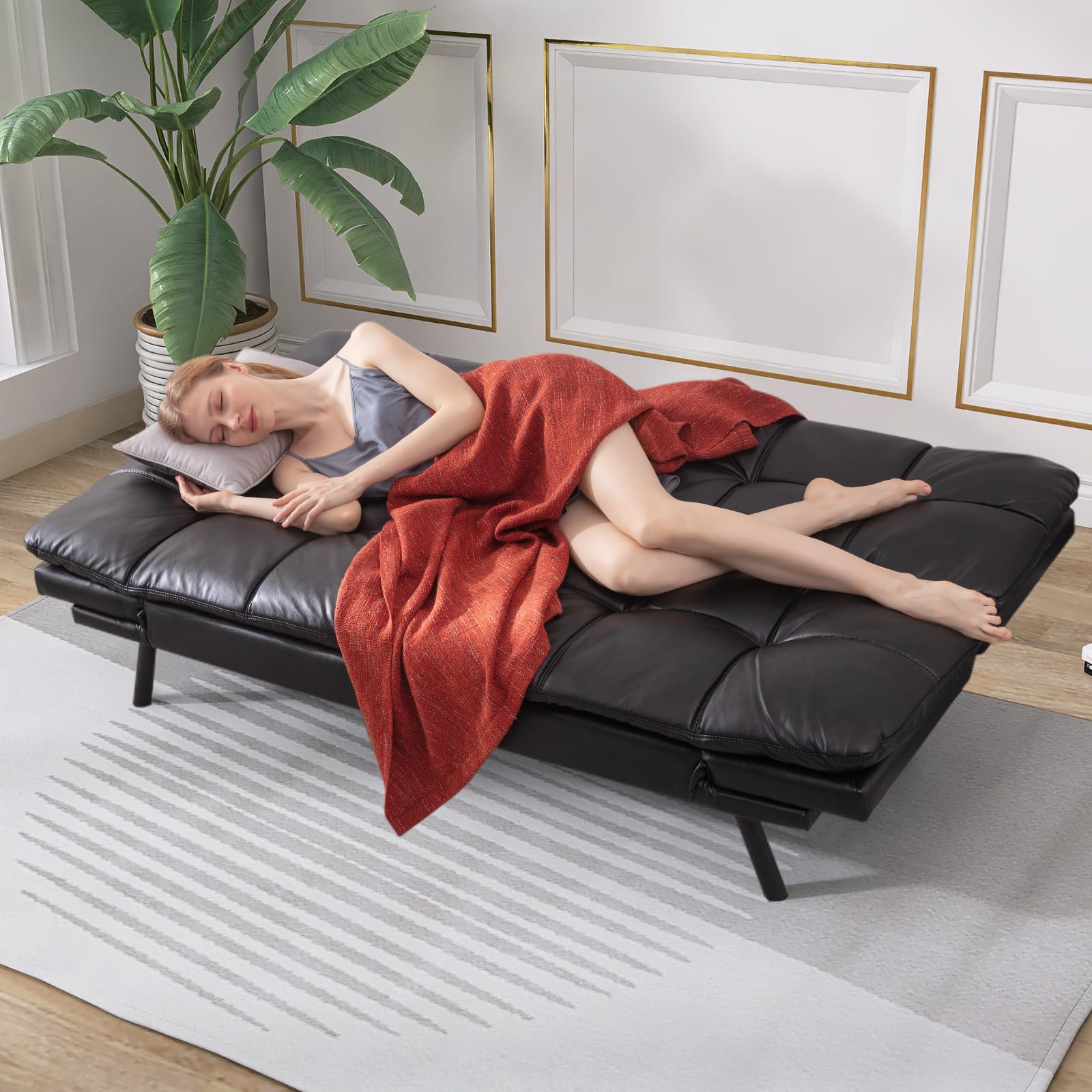 Hcore Convertible Faux Leather Futon Sofa Bed Couch,Memory Foam Futon Sofa Couch,Loveseat Sleeper Sofa Bed,Small Splitback Modern Sofa Bed for Living Room,Office,Apartment,Bright Black
