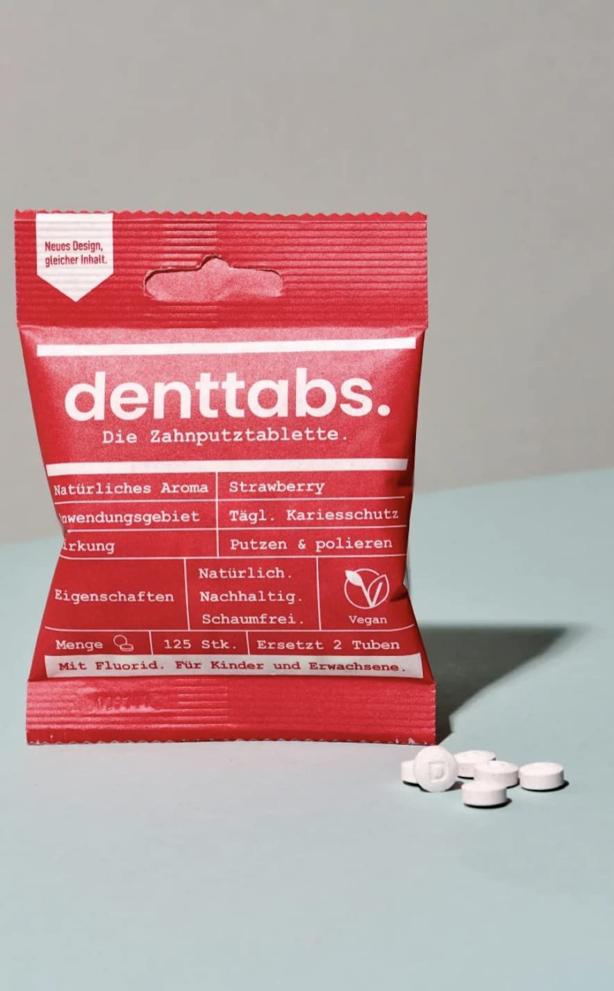 Denttabs Strawberry Flavor Toothpaste Tooth Cleaning Tablets for Kids (Fluoride Free)
