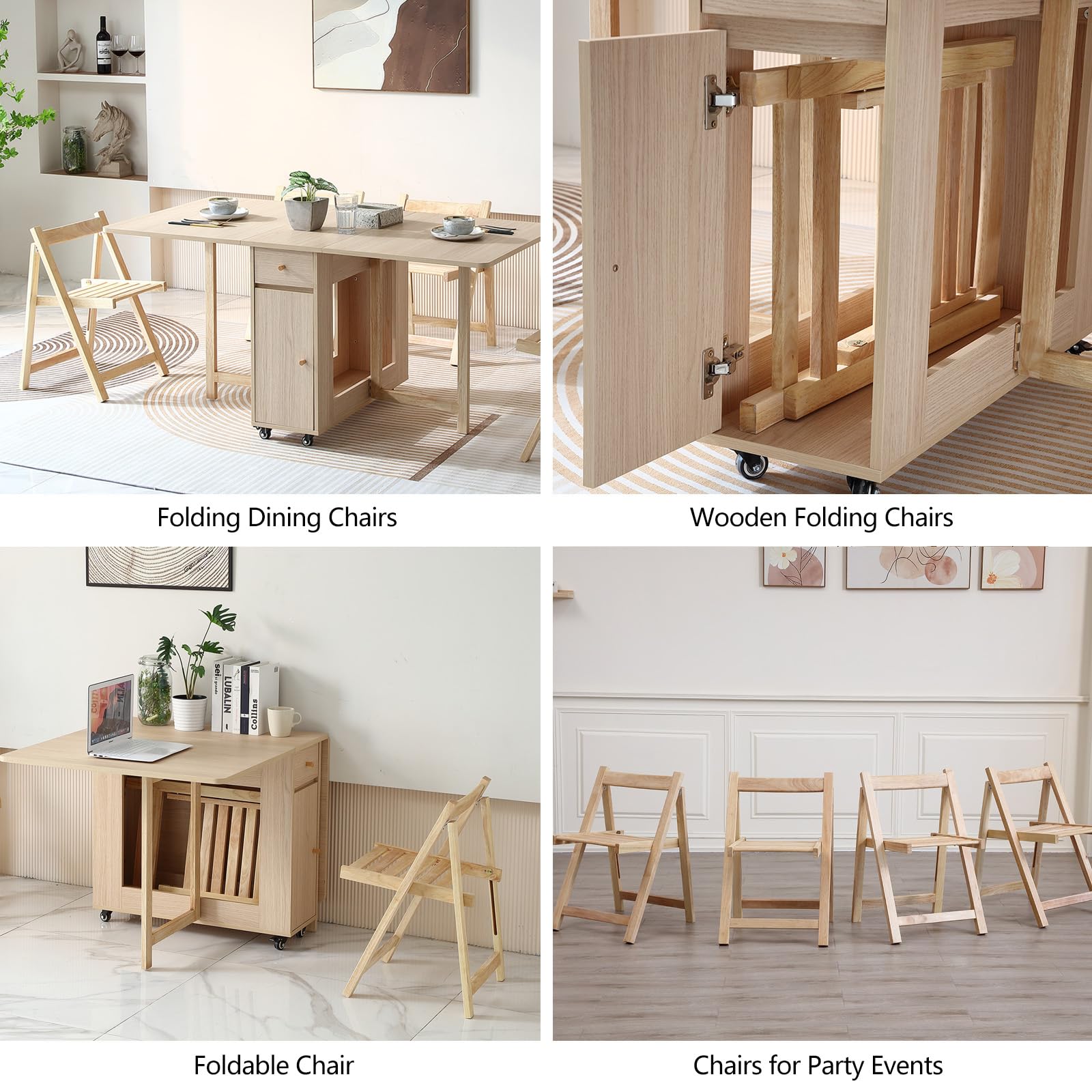 COMUHOME Wood Drop Leaf Folding Dining Table with 2 Drawers and 4 Wheels, Wood Folding Chair Set of 2, Space Saving Dining Set for Living Room, Kitchen and Office