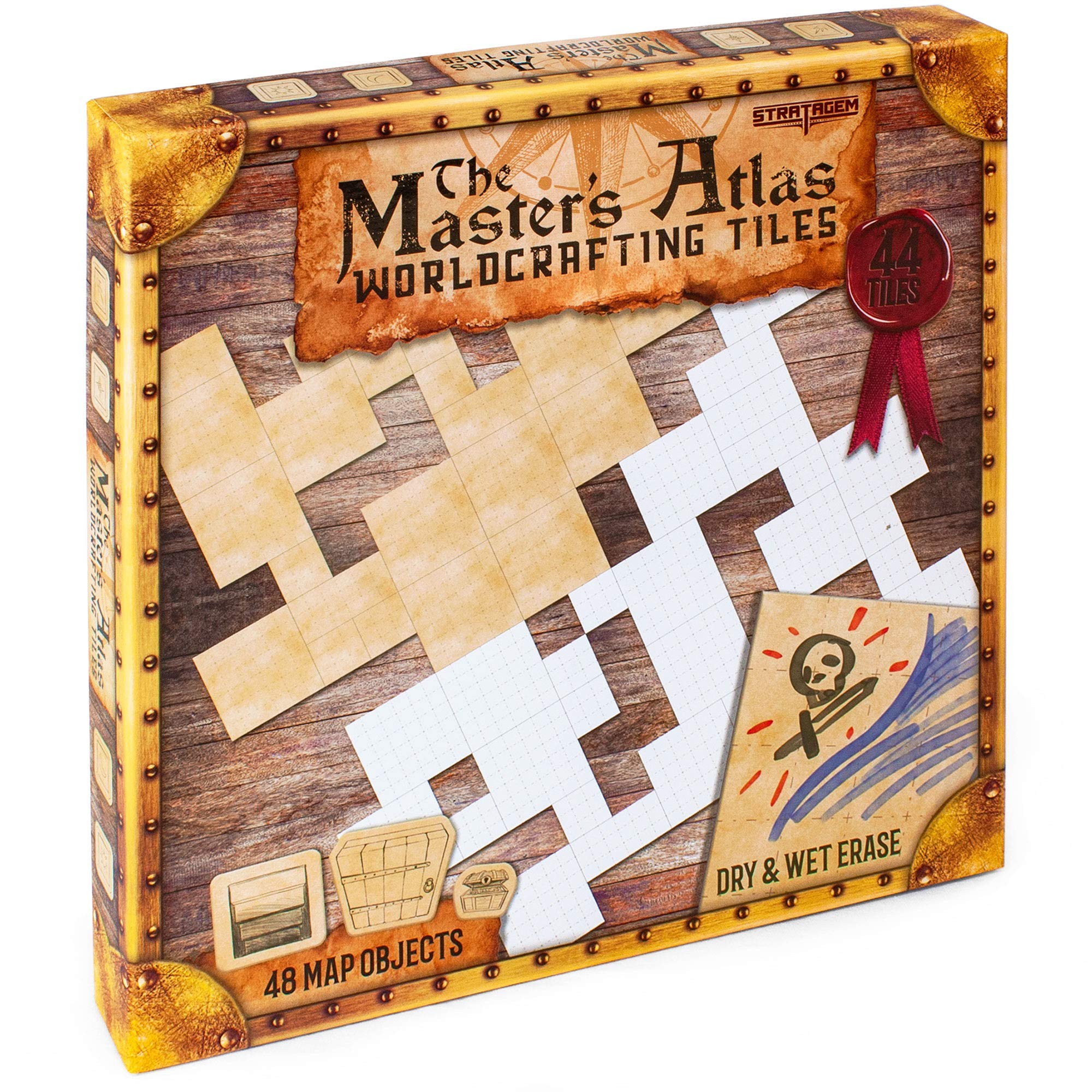 Stratagem The Master's Atlas Grid Tiles-Reversible Dry Wet Erase Battle Map for 3D DND-RPG Tabletop RPG Scenery-Dungeons Dragons Pathfinder- Tabletop Grid| Blank/Parchment - 44 Tiles & 48 Tokens
