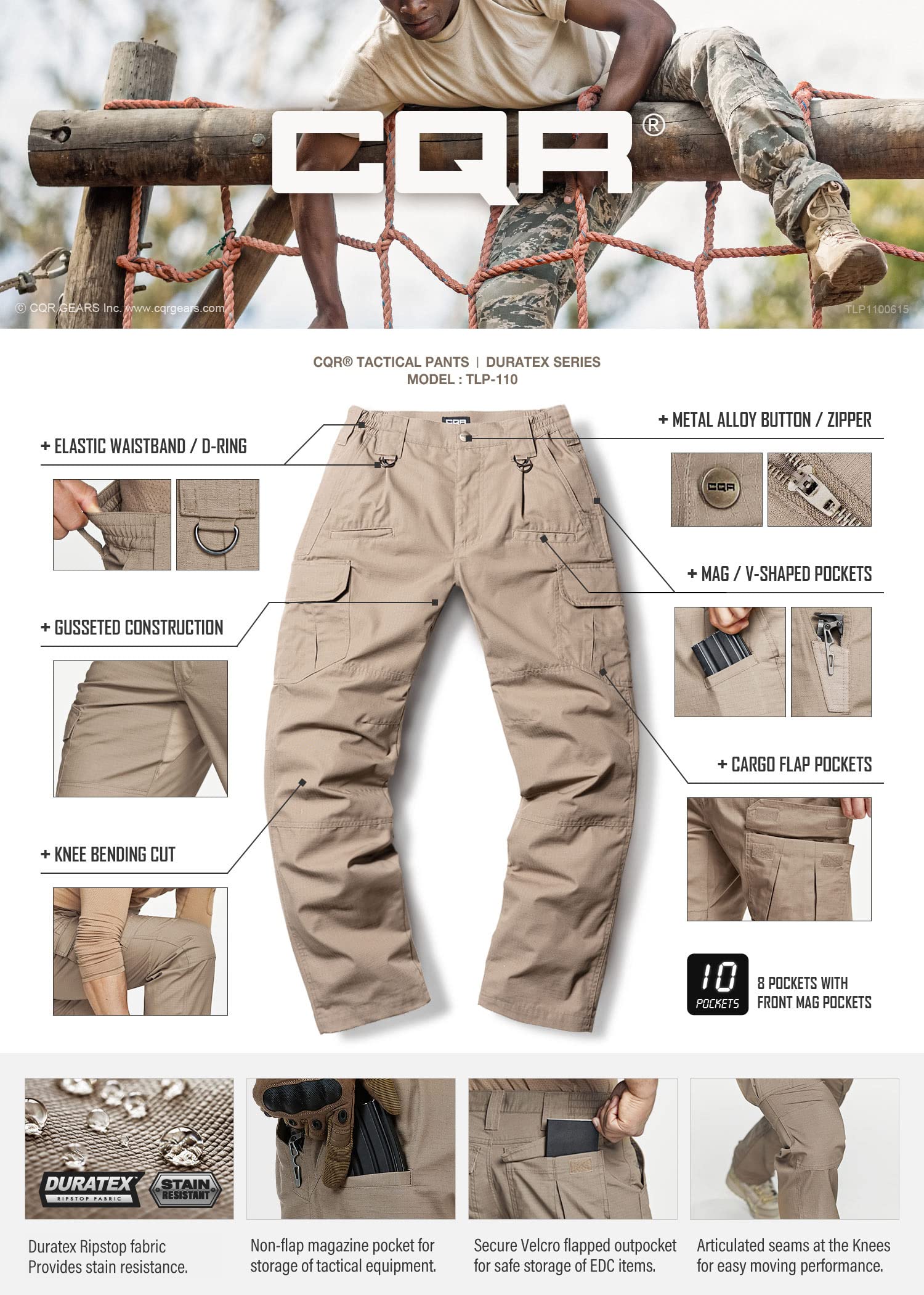 CQR Men's Tactical Pants, Water Resistant Ripstop Cargo Pants, Lightweight EDC Hiking Work Pants, Outdoor Apparel, Duratex Ripstop Coyote, 38W x 30L