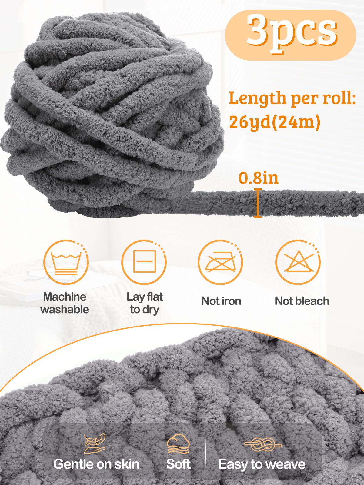 Chunky Chenille Yarn - 3 Pack Fluffy Thick Chenille Yarn for Crocheting Blankets, Jumbo Chunky Yarn for Hand Knitting DIY Crafts and Projects in Black - Super Soft, Total 78 yards