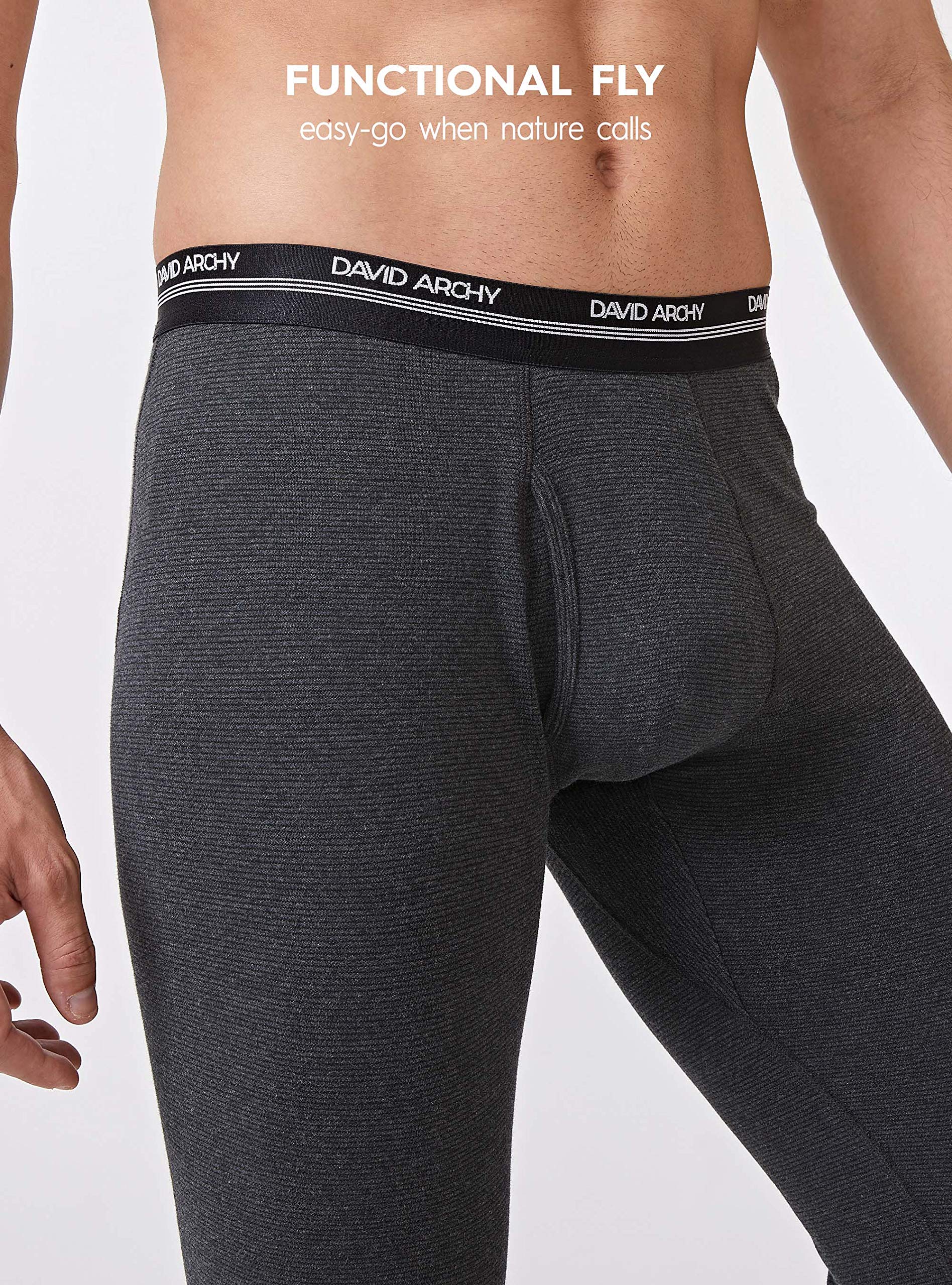 DAVID ARCHY Men's Cotton Fleece Lined Shu Velveteen Stripe Ultra Soft Winter Warm Top & Bottom Thermal Set Long John with Fly (L, Dark Gray Stripe)