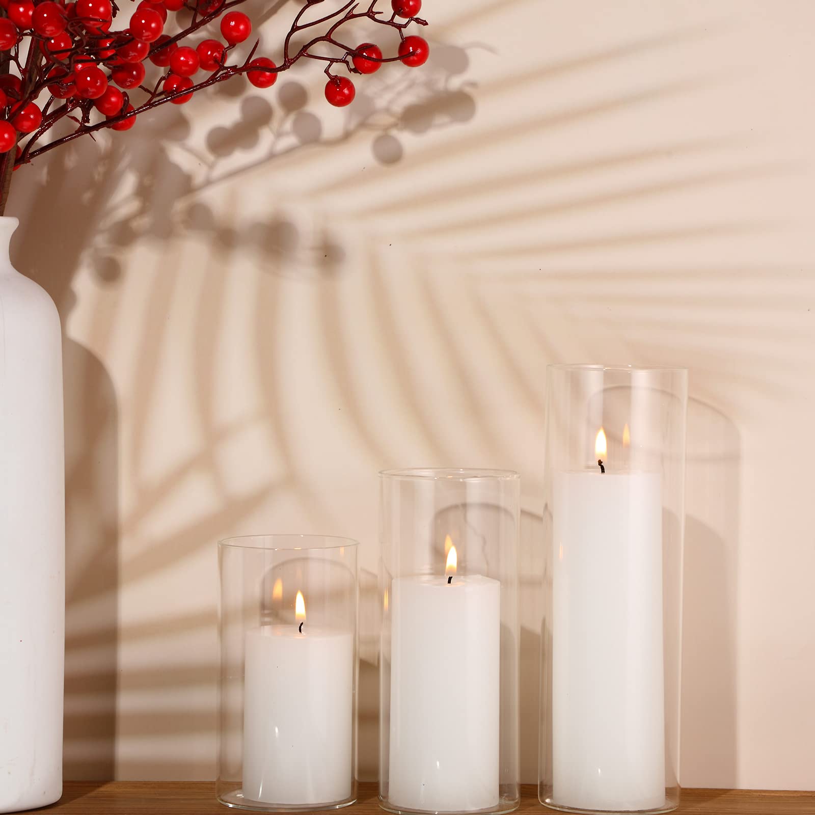 Shihanee Set of 12 Pillar Candles and Glass Cylinder Vases Clear Cylinder Candle Holders for Slim Pillar Candles Wedding Centerpieces (White, 2.6'' X 4.7'', 5.9'', 7.9'')
