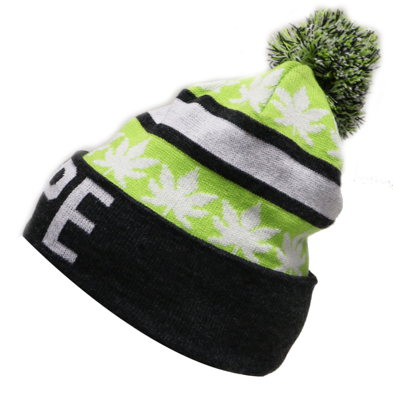 City Hunter Sk1161 Hype Leaves Pom Pom Beanie Hats - Lime/grey