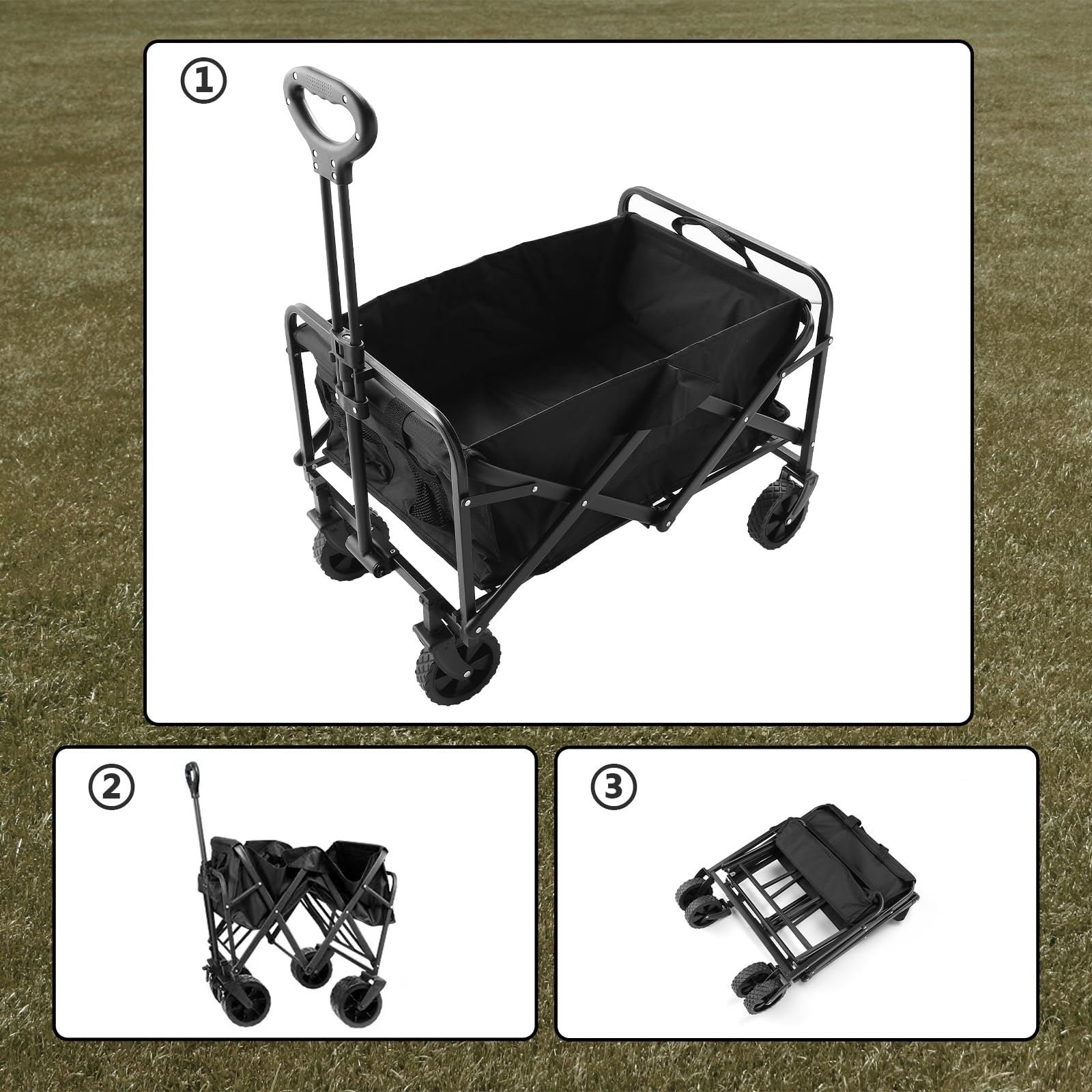 DAKEER Utility Wagon Cart with Wheels Foldable All-Terrain Wagon Stroller Small Lounge Wagon Beach cart Sports Outdoors Camping Beach Garden,Adjustable Handle,2 Side Pockets