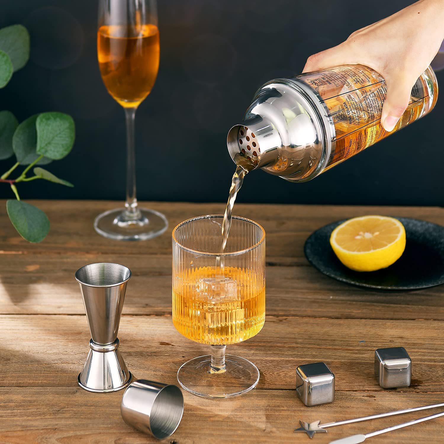 Glass Cocktail Shaker Printed with Recipes,14 oz Martini Shaker with Double Measuring Jigger,18/8 Grade Stainless Steel Mixing Shaker,Leak-Proof Lid,Drink Shaker,Bartender Kit Gifts.