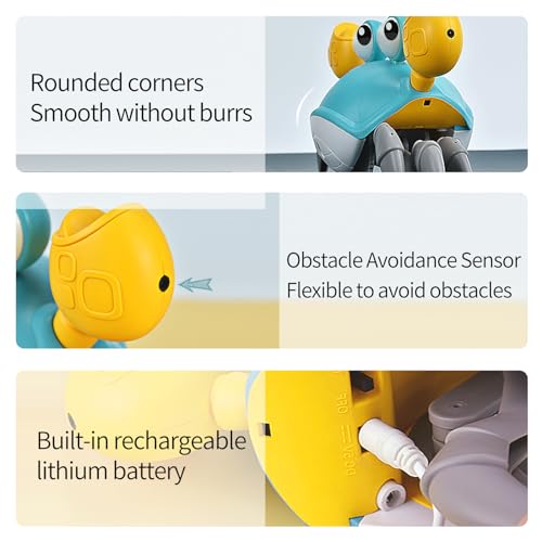 Deejoy Green Crawling Crab Toys with Light Up, Interactive Musical Toy with Automatically Avoid Obstacles, USB Rechargeable, Fun Moving Toy for Babies, Toddlers and Kids