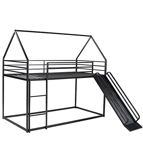 Tidyard Twin Over Twin House Bunk Bed with Ladder and Slide,Black for Bedroom Dorm Guest Room Home Furniture