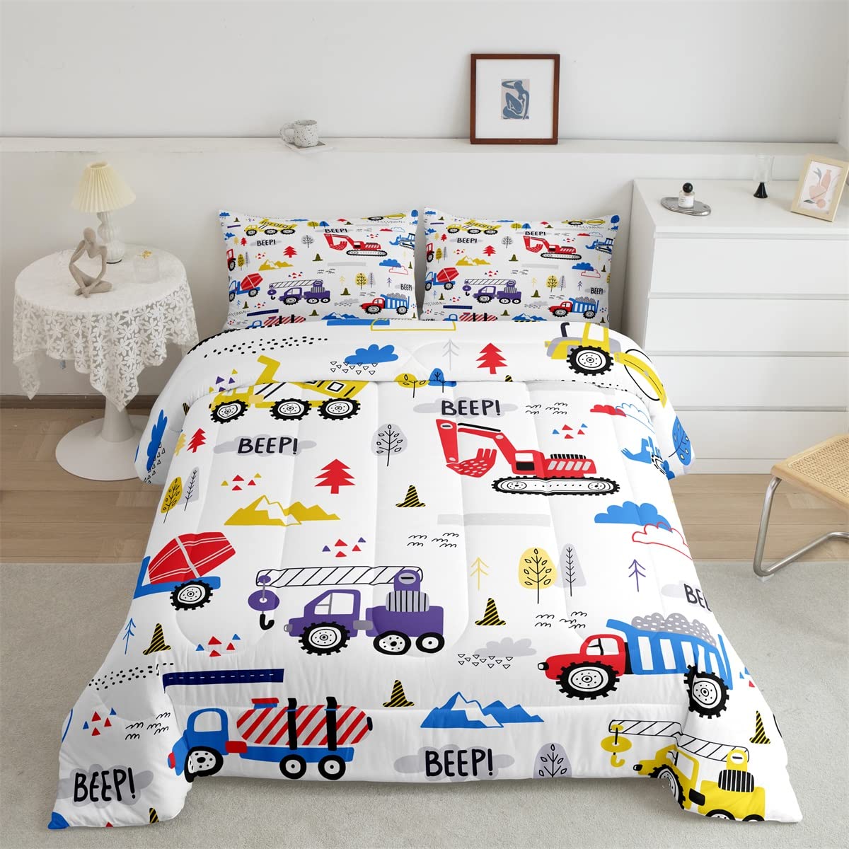 Kids Construction Truck Comforter Twin Size Boys Cartoon Cars Bedding Set Machinery Excavator Tractor Equipment Comforter Set 2Pieces Cute Vehicles Red Blue Yellow Quilt with 1 Pillowcase Boys