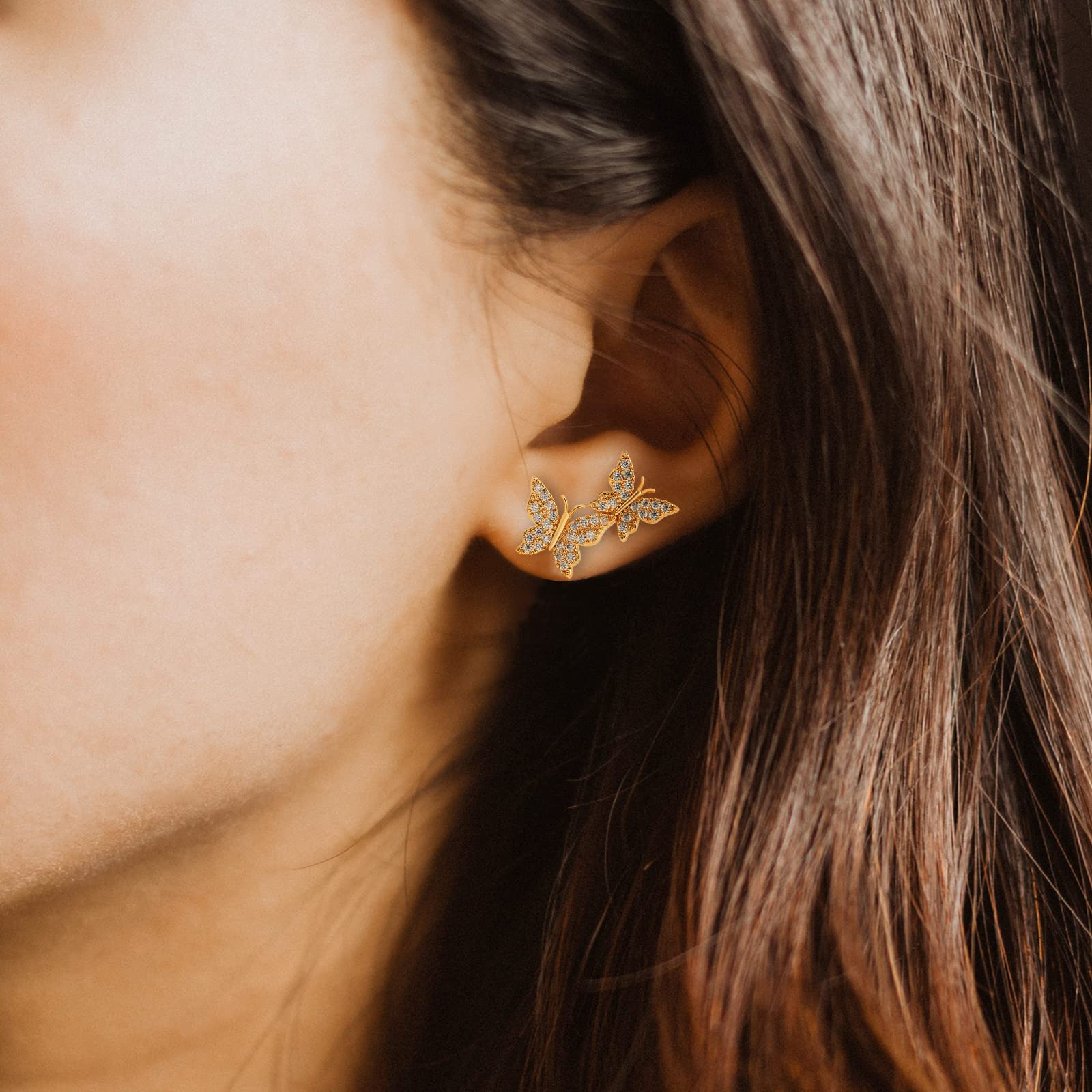 CZ Butterfly Studs Earrings - 14K Gold Plated CZ Pave Butterfly Earrings for Women,Good Gift for Sister,Lover (Gold - A)