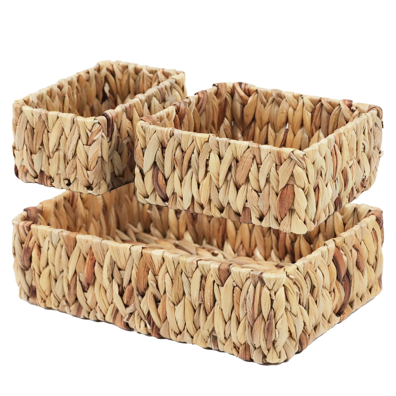 Wicker Baskets for Organizing, Woven Storage Baskets for Shelves, Water Hyacinth Wicker Baskets for Storage, Decorative Shelf Baskets for Pantry, Set of 3 (Large, Medium, and Small)