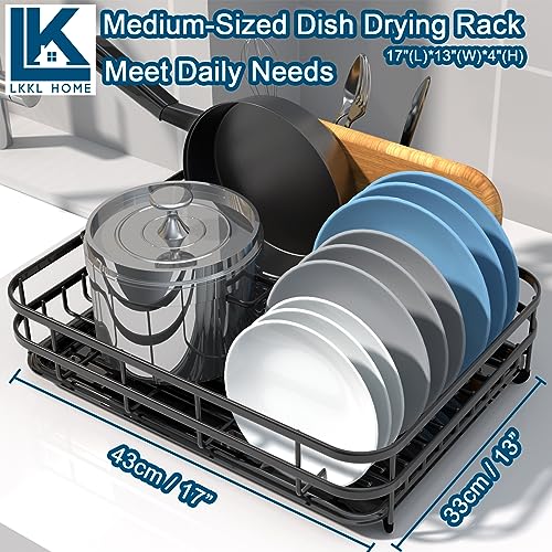 LKKL Dish Drying Rack, Large Capacity Dish Rack for Kitchen Counter, Extendable Dish Rack, Anti-Rust Stainless Steel Dish Drainer with Utensil Holder Cups Holder, Black