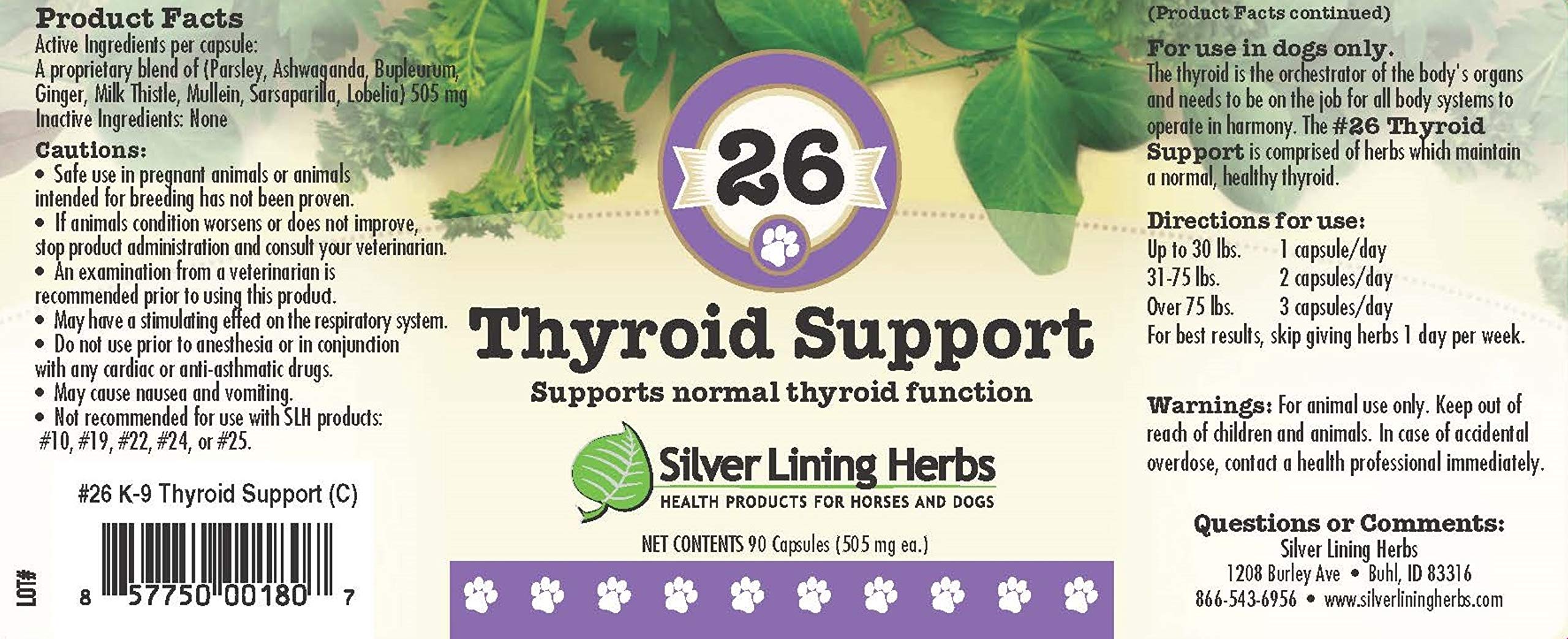 Silver Lining Herbs 26 Thyroid Support for Dogs - Herbal Blend Supporting Natural Thyroid Function - Natural Thyroid Support for Dogs - Dog Supplement Made With Natural Ingredients - 90 Capsule Bottle
