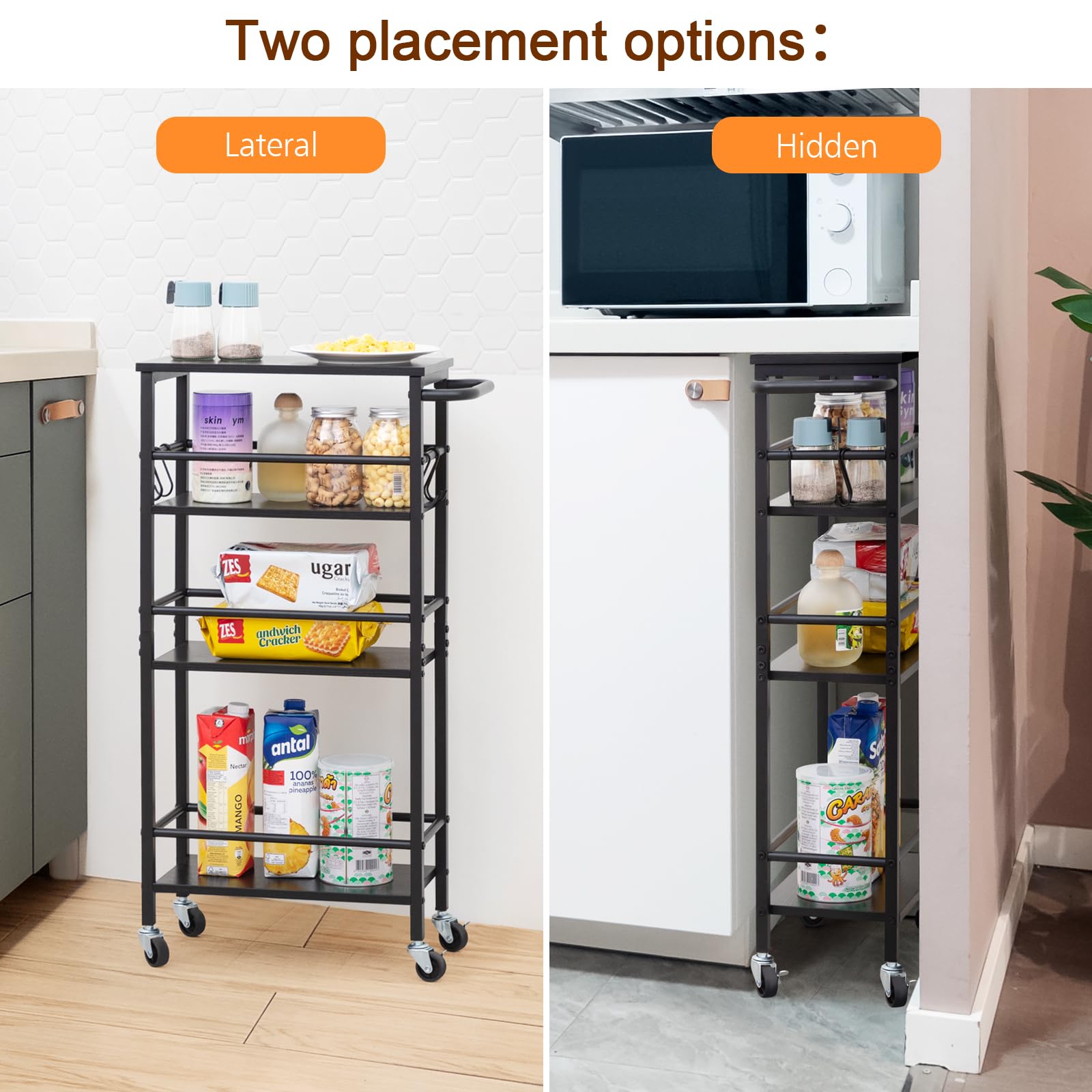 LOAKEKEL Slim Rolling Cart, 4-Tier Storage Cart on Wheels, Narrow Kitchen Cart with 6 Hooks for Small Spaces, 7.87" Deep, Mobile Shelving Unit Utility Cart for Dining Room, Bathroom, Black HKC04BK-1