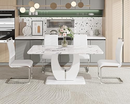 LKTART 63'' Dining Table Faux Marble White Desktop for Kitchen Dining Living Room