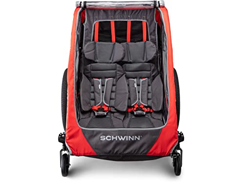Schwinn Summit Deluxe Kids Double Bike Trailer, Child Carrier Seats 2 Riders, Max Weight 87lbs, Converts to Stroller, 20-Inch Wheels, Red