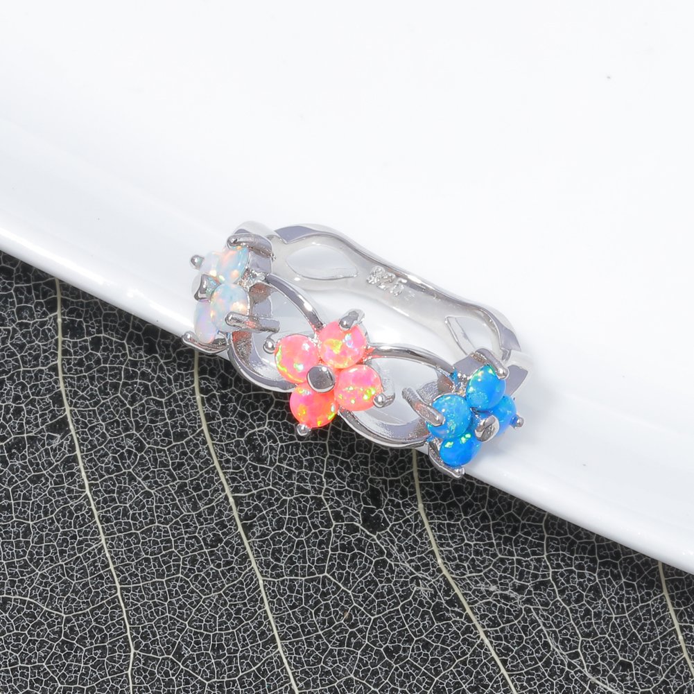 CiNily Flower Opal Ring-Blue Pink White Fire Opal Silver Plated Women Jewelry Gemstone Ring Size 5-11