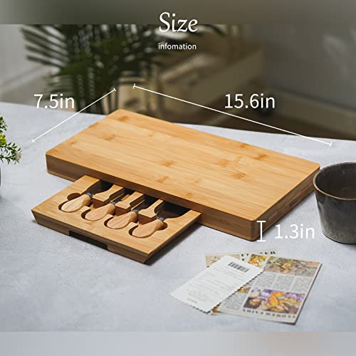 KAHOO Bamboo Cheese Board Set, Wooden Charcuterie Board Serving Platter with Knife Set, for Wine, Cheese, Meat, Fruit, Vegetable