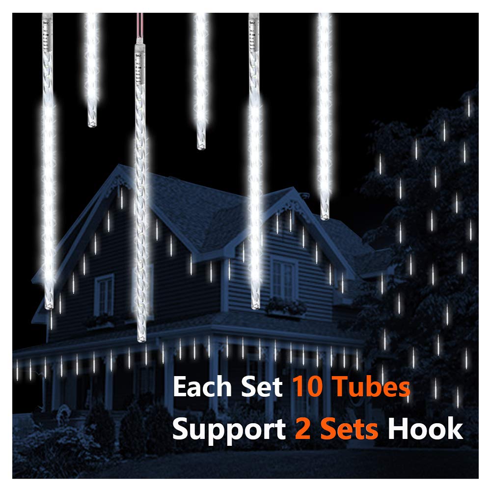 Vikdio Christmas Lights Outdoor, Meteor Shower Lights 50cm 10 Spiral Tubes 540 LEDs 3.15m Lit Length, Waterproof Snowfall Icicle Lights for Outdoor Xmas Decoration Party Tree Window (White)
