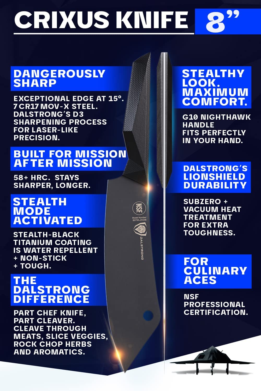 Dalstrong Hybrid Cleaver & Chef Knife - 8 inch - 'The Crixus' - Shadow Black Series - Razor Sharp Black Titanium Nitride Coated - High Carbon 7CR17MOV-X Vacuum Treated Steel - Sheath - NSF Certified