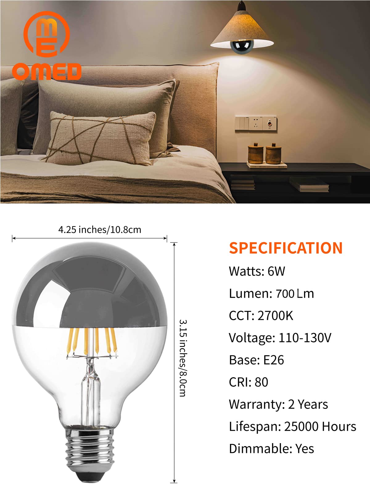 OMED 60w Equivalent Half Chrome Led 4 Pack Lights | 6Watt G25/G80 Silver Bowl Globe Shape LED Blub | Warm White 2700K Medium E26 Base Dimmable LED Filament 600 Lumens Vintage Bulb