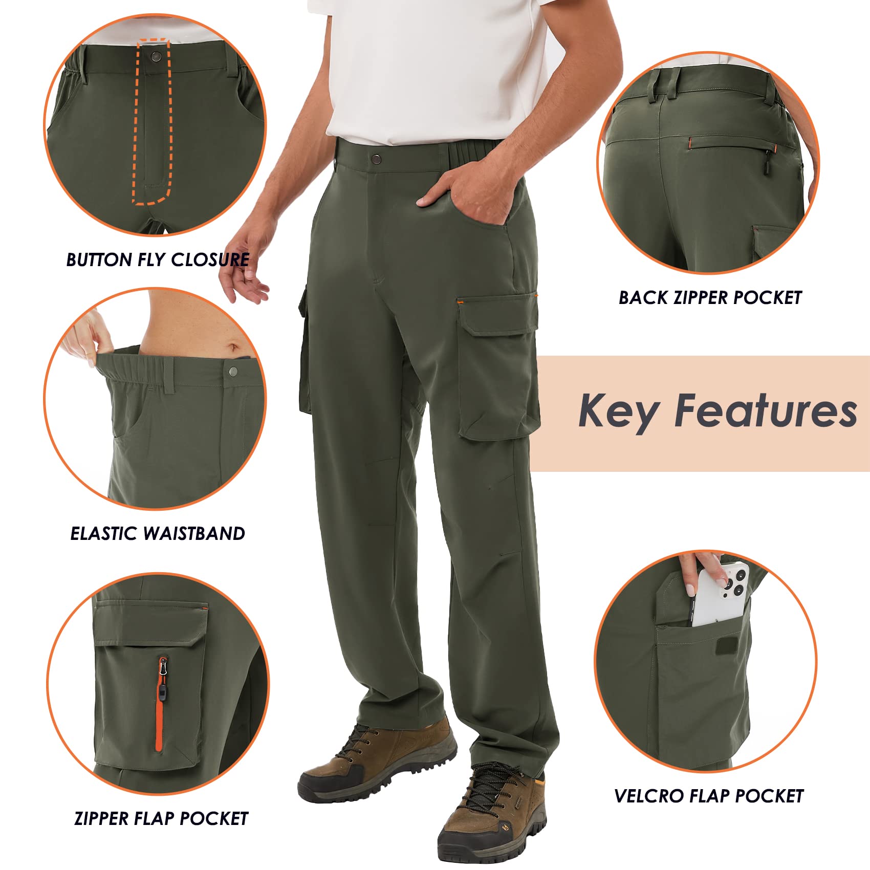 Davena Men's Cargo Hiking Pants with 5 Pockets Quick Dry Water Resistant Outdoor Athletic Pants for Fishing Camping Work, Green Mix, L