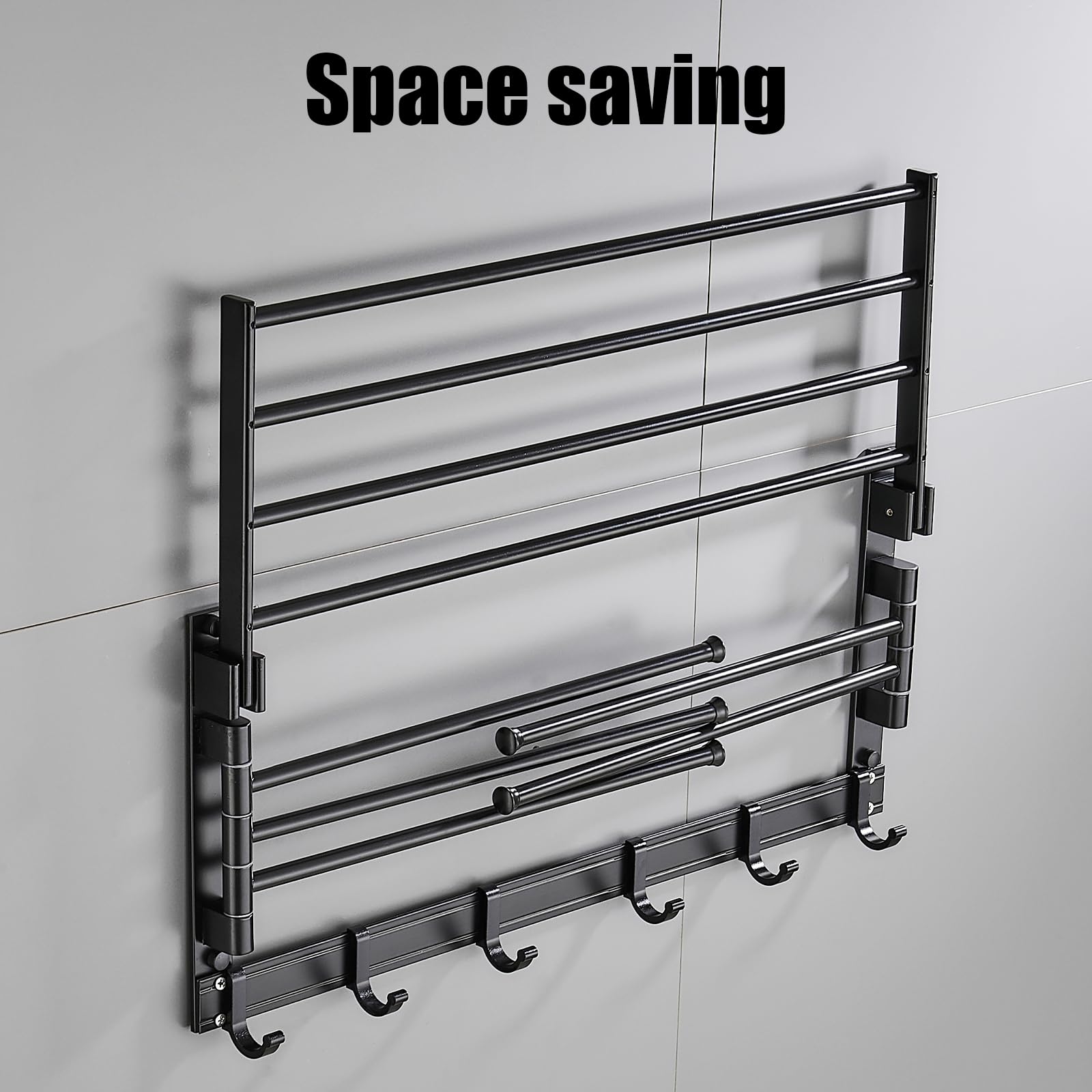 KIJINOGF Clothes Drying Rack Wall Mounted with 5 Towel Arms and Hanging Hooks Laundry Drying Rack, Space Organization for Laundry Room Bathroom 1 Pack, 15.8ββ Black