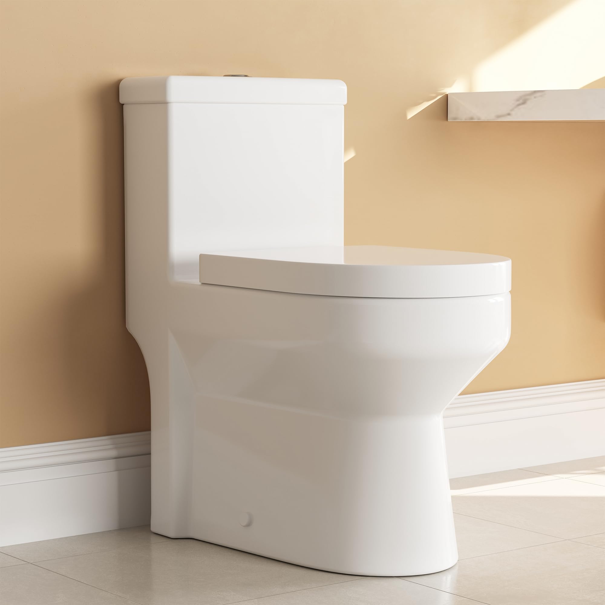 DeerValley DV-1F52813 Tiny Small Compact Dual Flush One Piece Toilet, Space Saver Commode designed for Water Closet, Soft Closing Seat Included, High-Efficiency WaterSense Cotton White