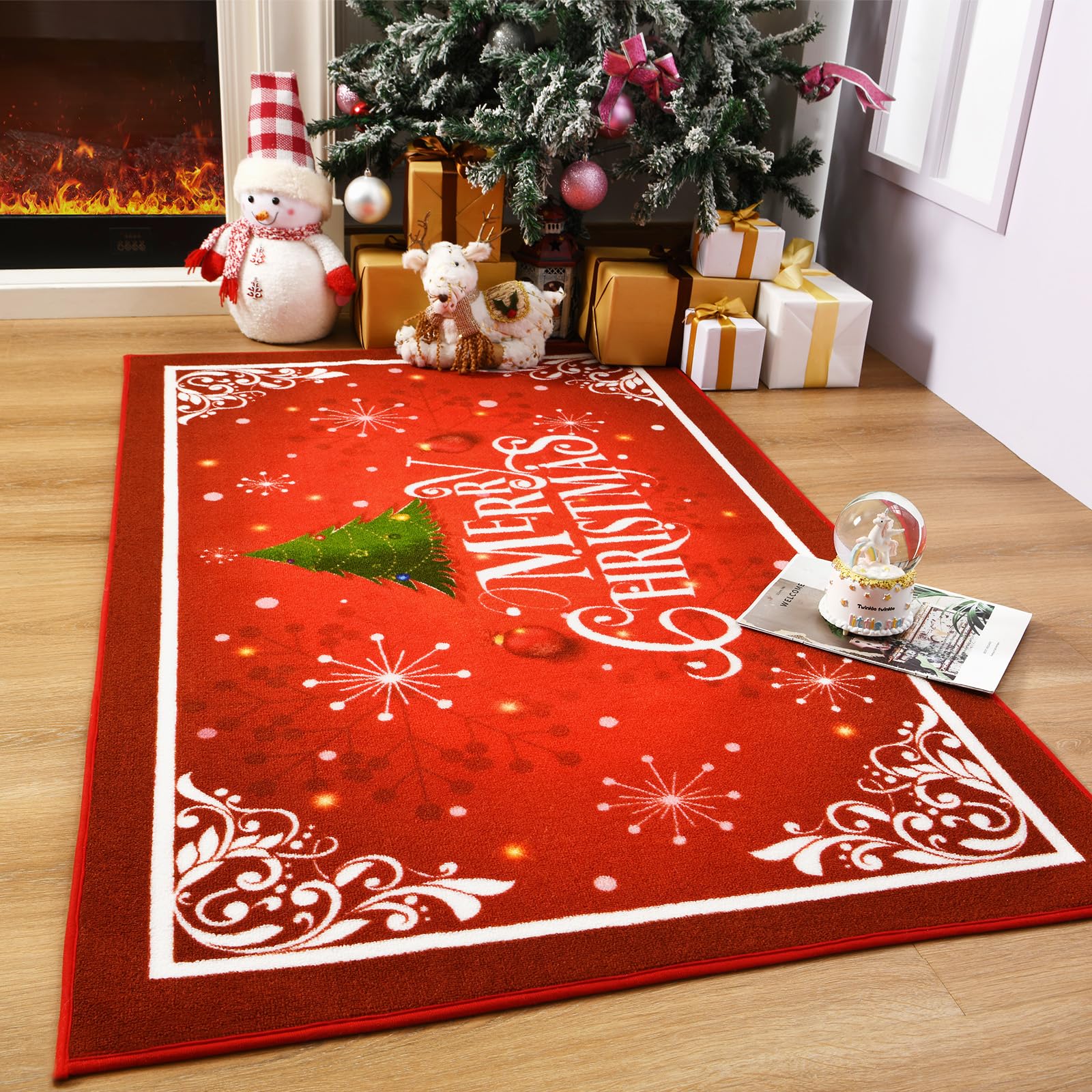Ompaa Christmas Area Rugs for Living Room Bedroom Carpet, Santa Welcome Front Door Mats Indoor Outdoor Non Slip Doormat, Xmas Holiday Decoration Carpet for Bath Kitchen Entrance, 3x5 Feet Red