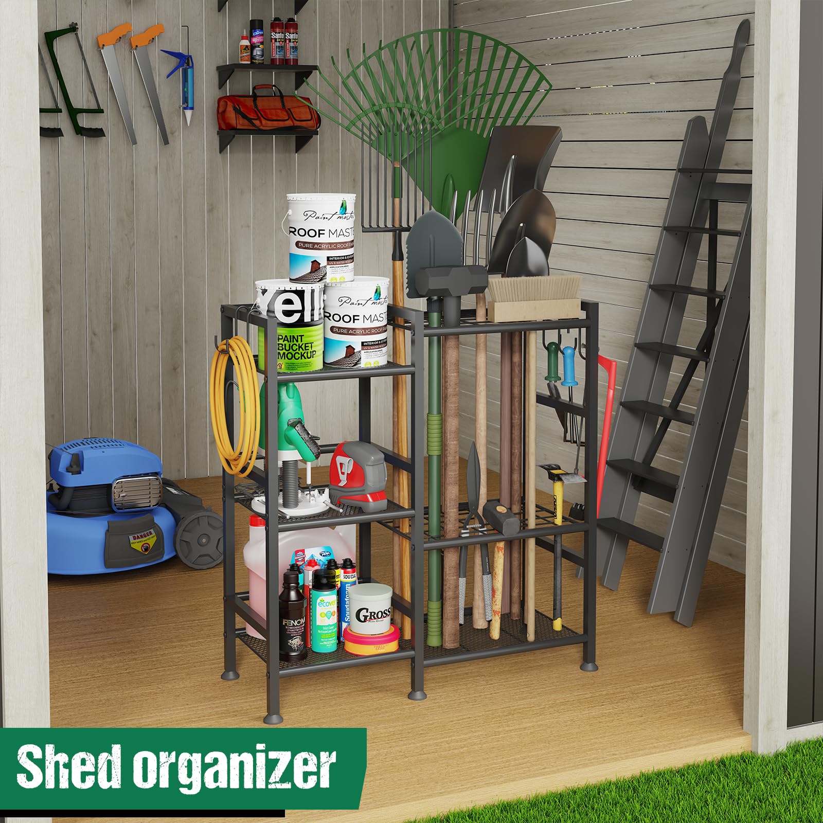 keomaisyto garden Tool Organizer for Garage Organization, 3 Tier Yard Tool Storage Rack with 35 Long-Handled Tool Slots, Heavy Duty Garden Tool Holder with Large Hooks for Shed, Yard, Garage