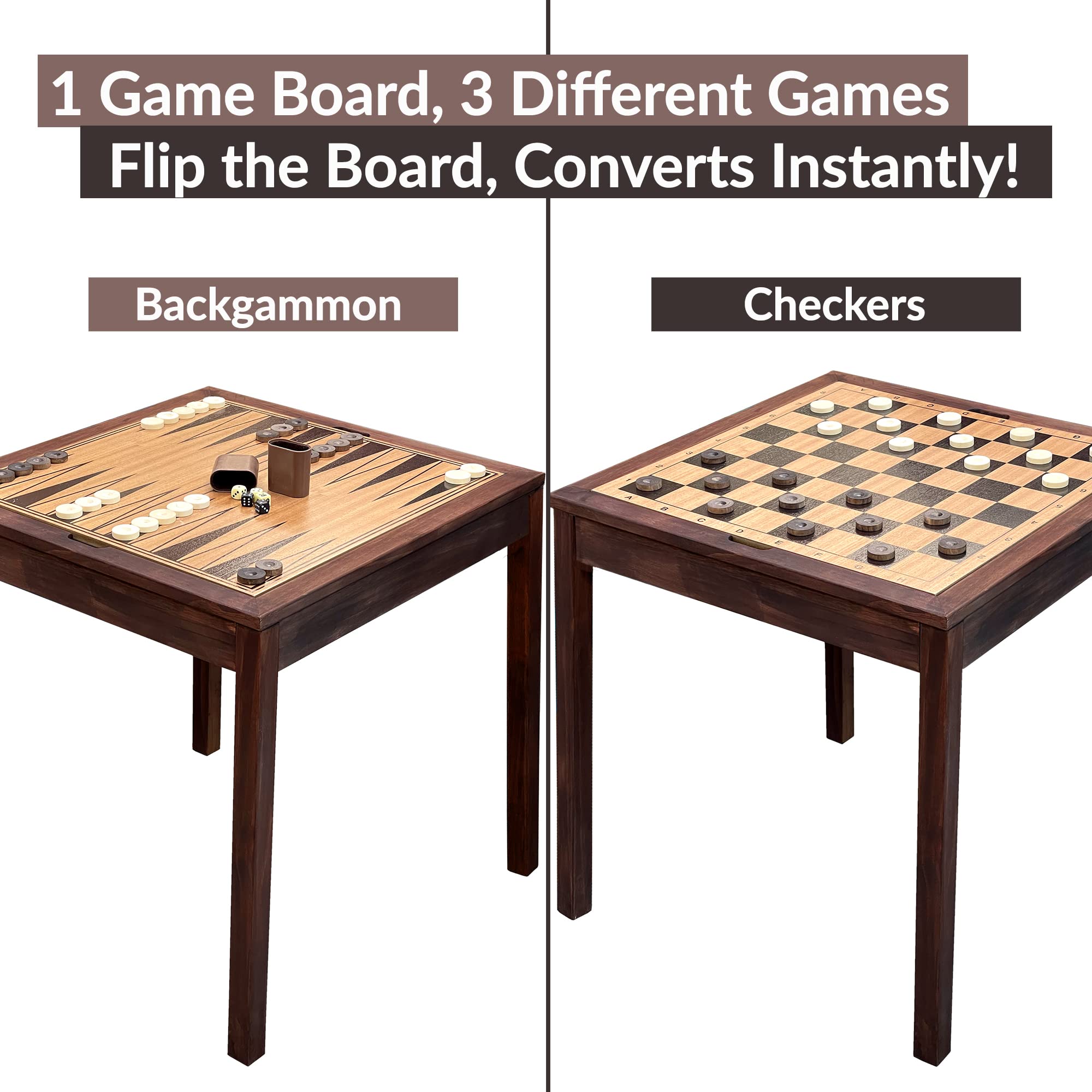 Sterling Games Wooden Chess Table | Chess, Checkers and Backgammon 3 in 1 Combo Game Table Furniture Set, 25" x 25", 4" King