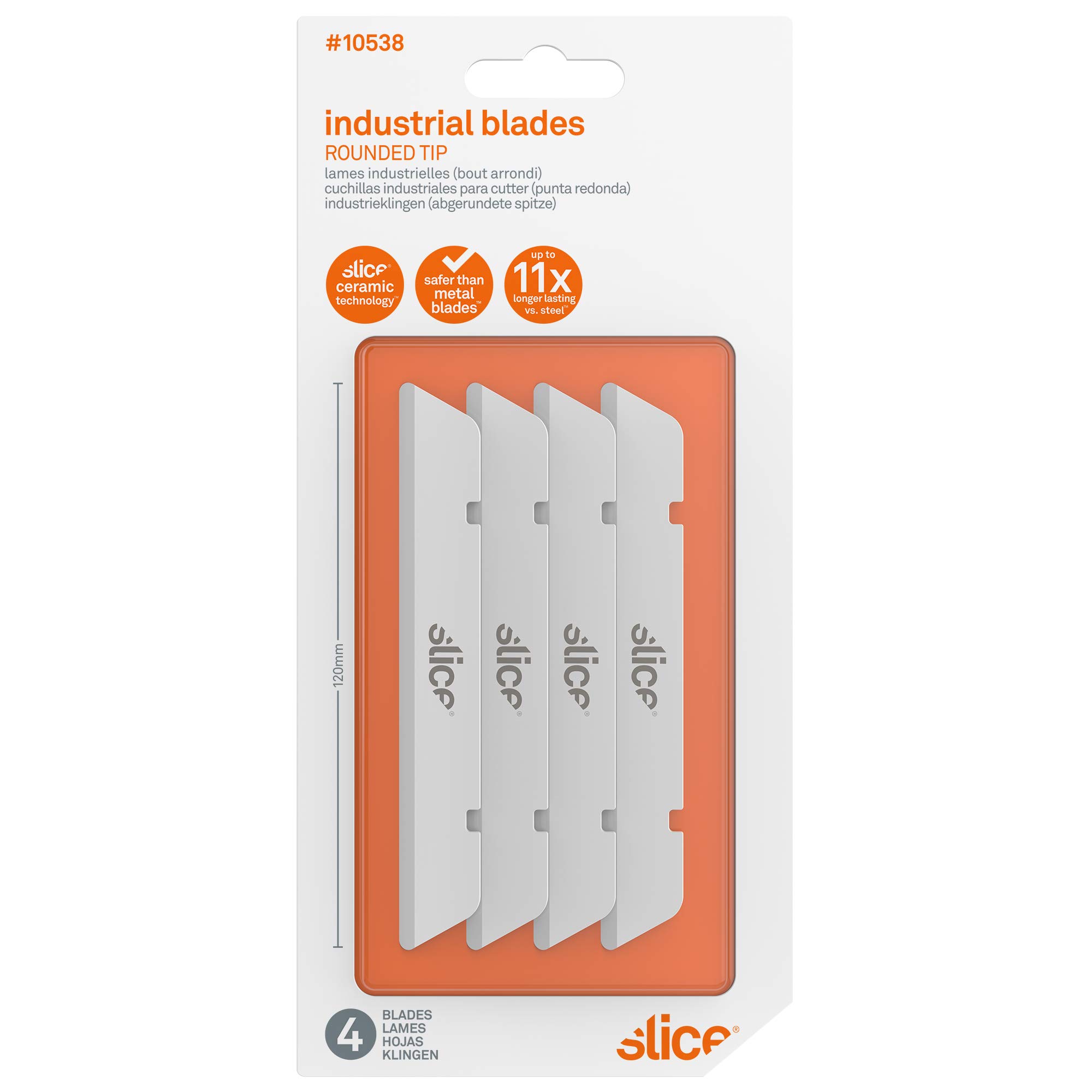 Slice 10538 Extra Long Industrial Blade, Advanced Ceramic, Ideal for Insulation, Batting, Foam, Finger-Friendly Safety Blade, Lasts 11x Longer Than Metal, Rounded Tip (4 Pack)