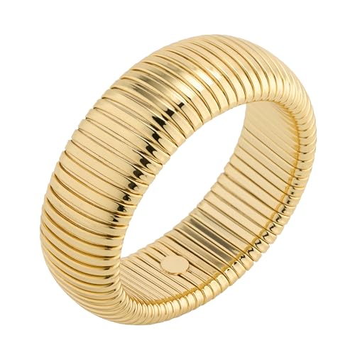 CONRAN KREMIX Gold Chunky Bangle Stretch Bracelets For Women 14K Real Gold Filled Stainless Steel Cuff Bracelet Non Tarnish Trendy Jewelry 20MM Width,8 Inches