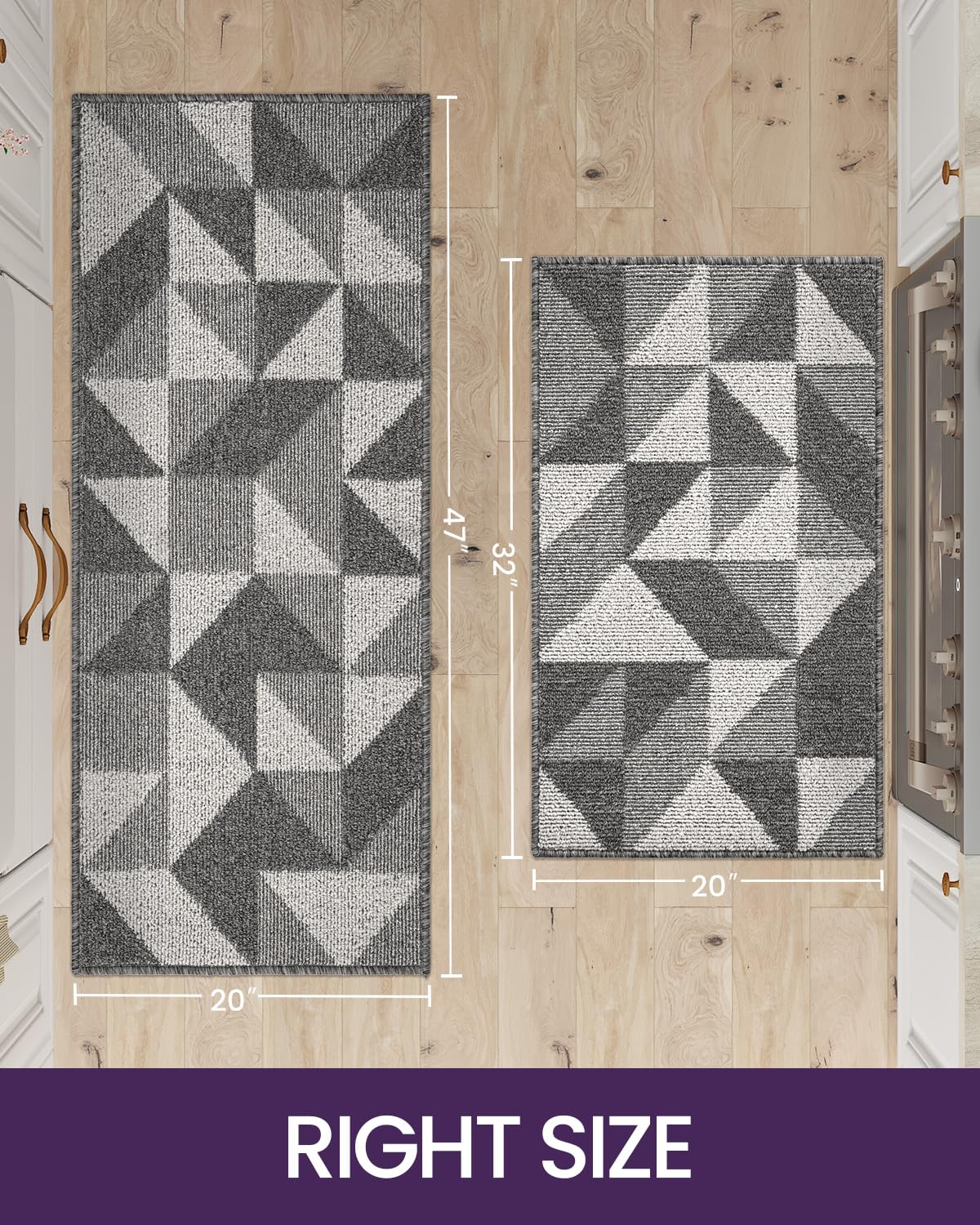 DEXI Kitchen Mats for Floor Hallway Non Skid Washable Rugs Set,20"x32"+20"x47", Grey