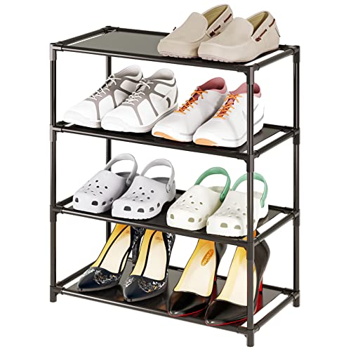 Vockot Small Shoe Rack 6-8 Pairs Sturdy Shoe Shelf 4-Tiers Narrow Stackable Shoe Organizer,Lightweight Kids Shoe Racks for Entryway, Doorway and Closet(Black)
