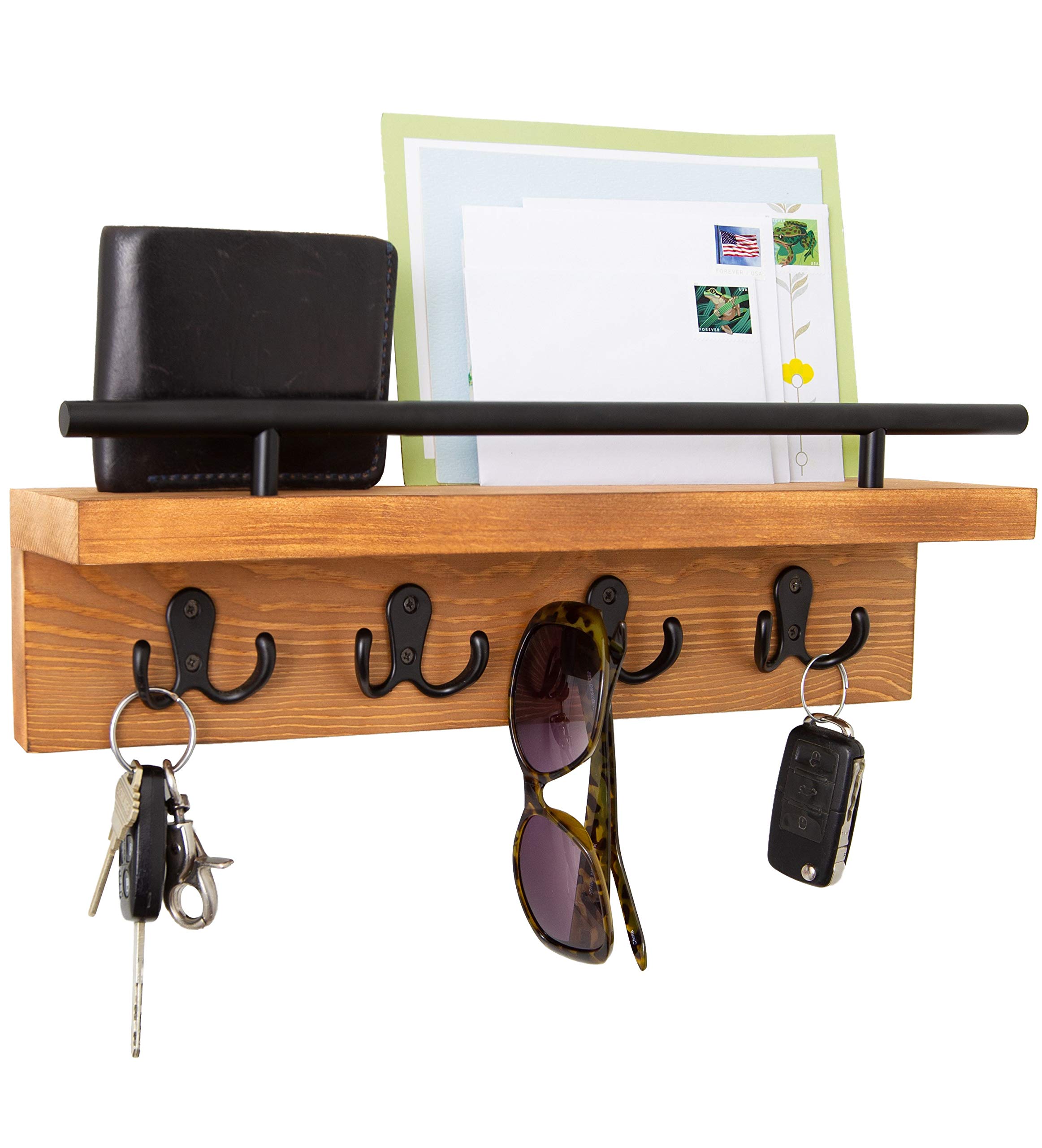 Ripple Creek Key Holder for Wall and Mail Shelf, Decorative Wooden Wall Rack for Keys, Letters, Bills - Pine Wood Unique and Industrial Decor, Perfect for Entryway, Kitchen (Light Brown, Double Hook)