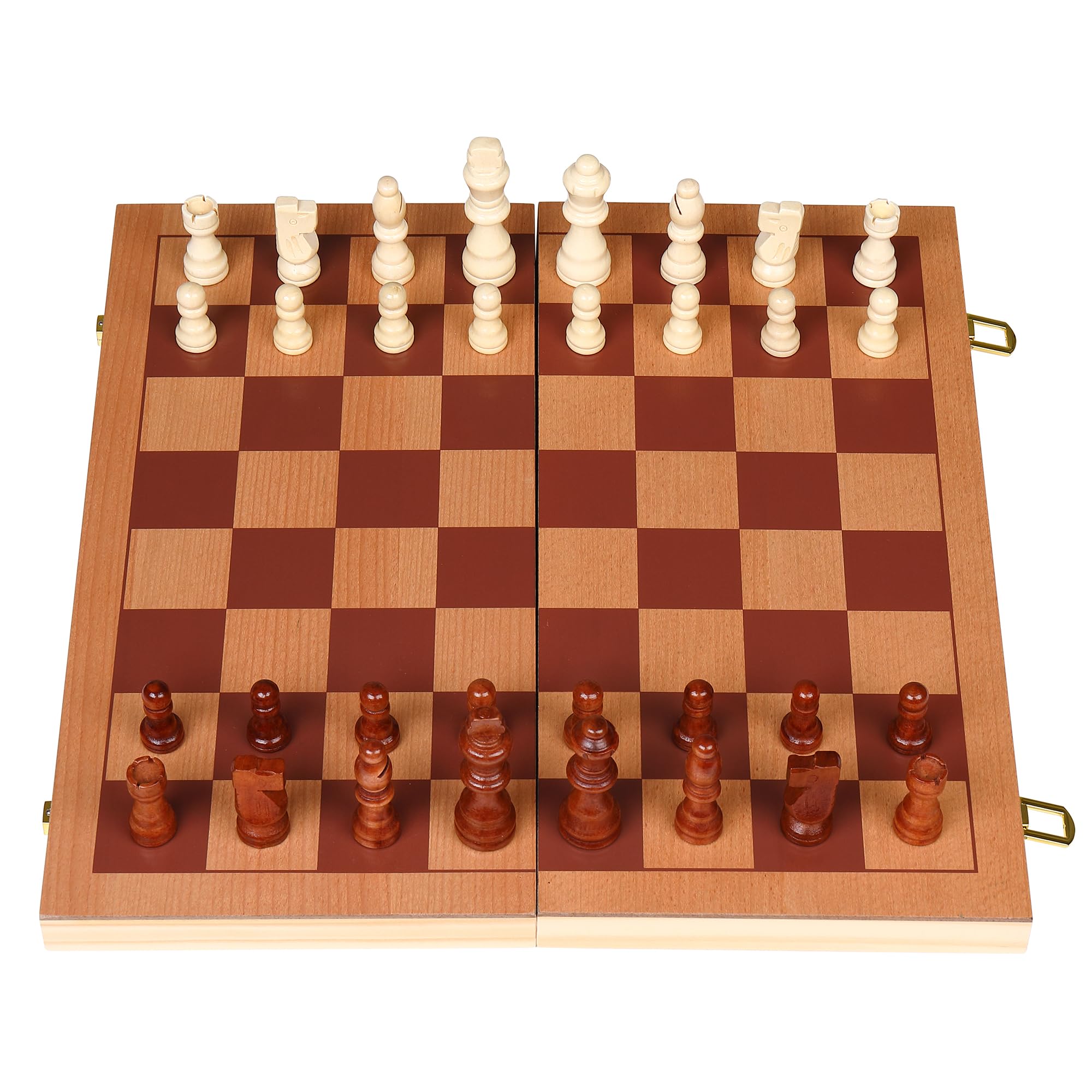 Sterling Games Chess, Checkers, Backgammon Game 3 in 1 Combo Set | 15 inch Wooden Folding Chess Board Game Set for Kids and Adults