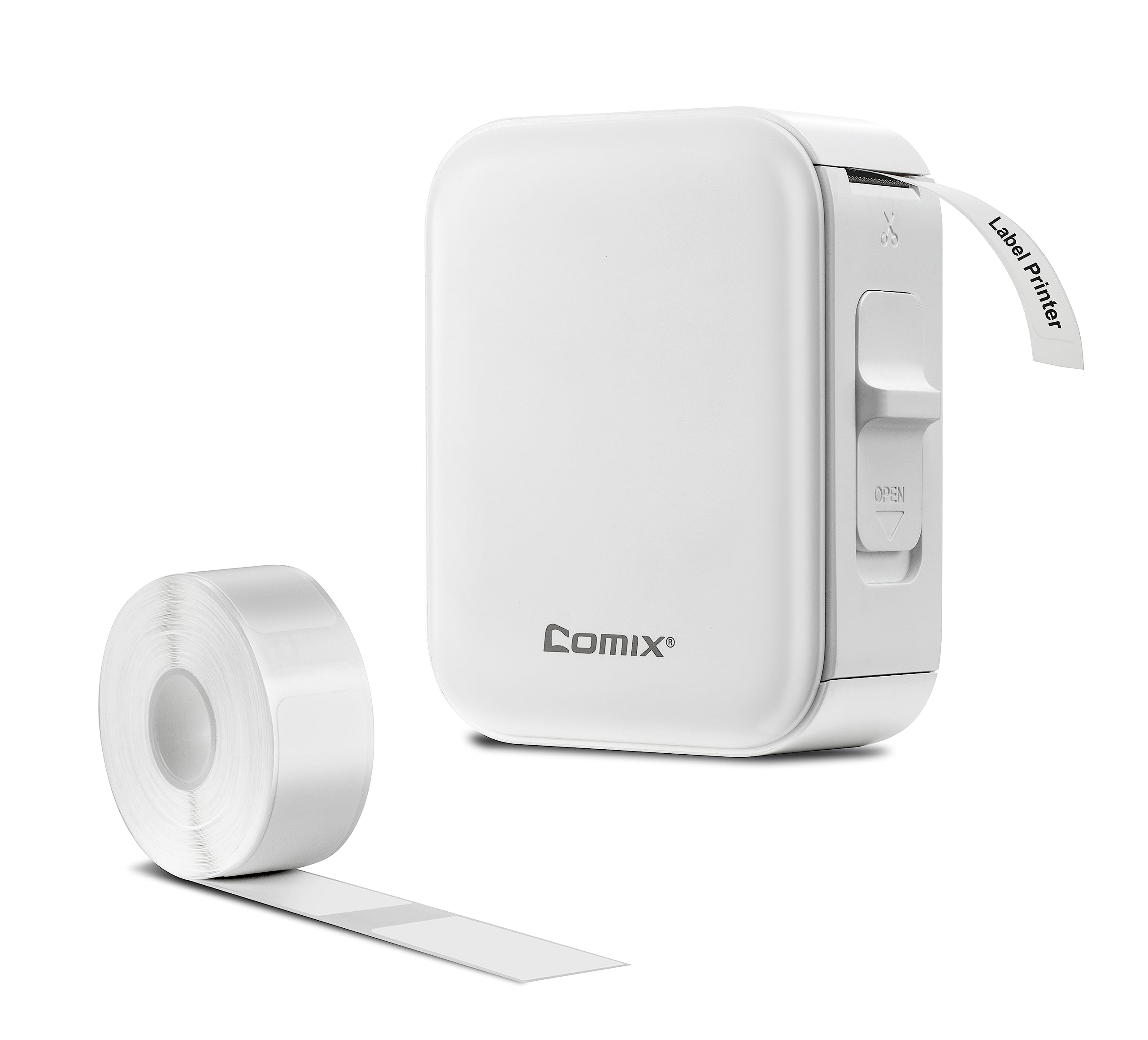 Comix Label Maker Machine with Tape, Portable Bluetooth Label Printer, Small Thermal Sticker Printer with 0.51''x1.18'' Labels, Inkless Labeler for Home, Kitchen, School, Office Organization, White