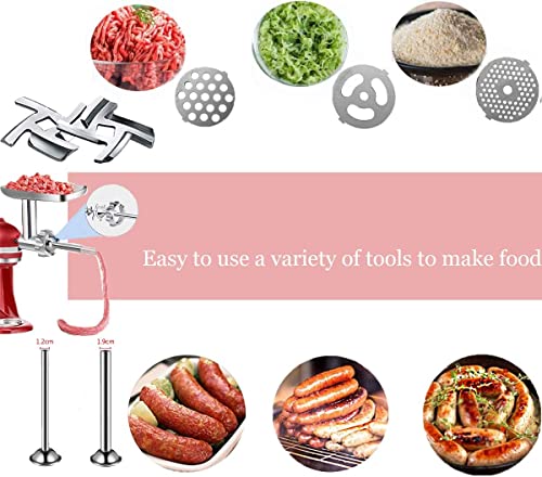 Metal Food Grinder Attachment for KitchenAid Stand Mixers, Meat Grinder Kitchen Aid Asseccories for KitchenAid,Includes 2 Sausage Stuffer Tubes, 4 Grinding Plates,Silver