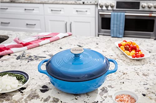 Lodge 3 Quart Enameled Cast Iron Dutch Oven with Lid β Dual Handles β Oven Safe up to 500Β° F or on Stovetop - Use to Marinate, Cook, Bake, Refrigerate and Serve β Caribbean Blue