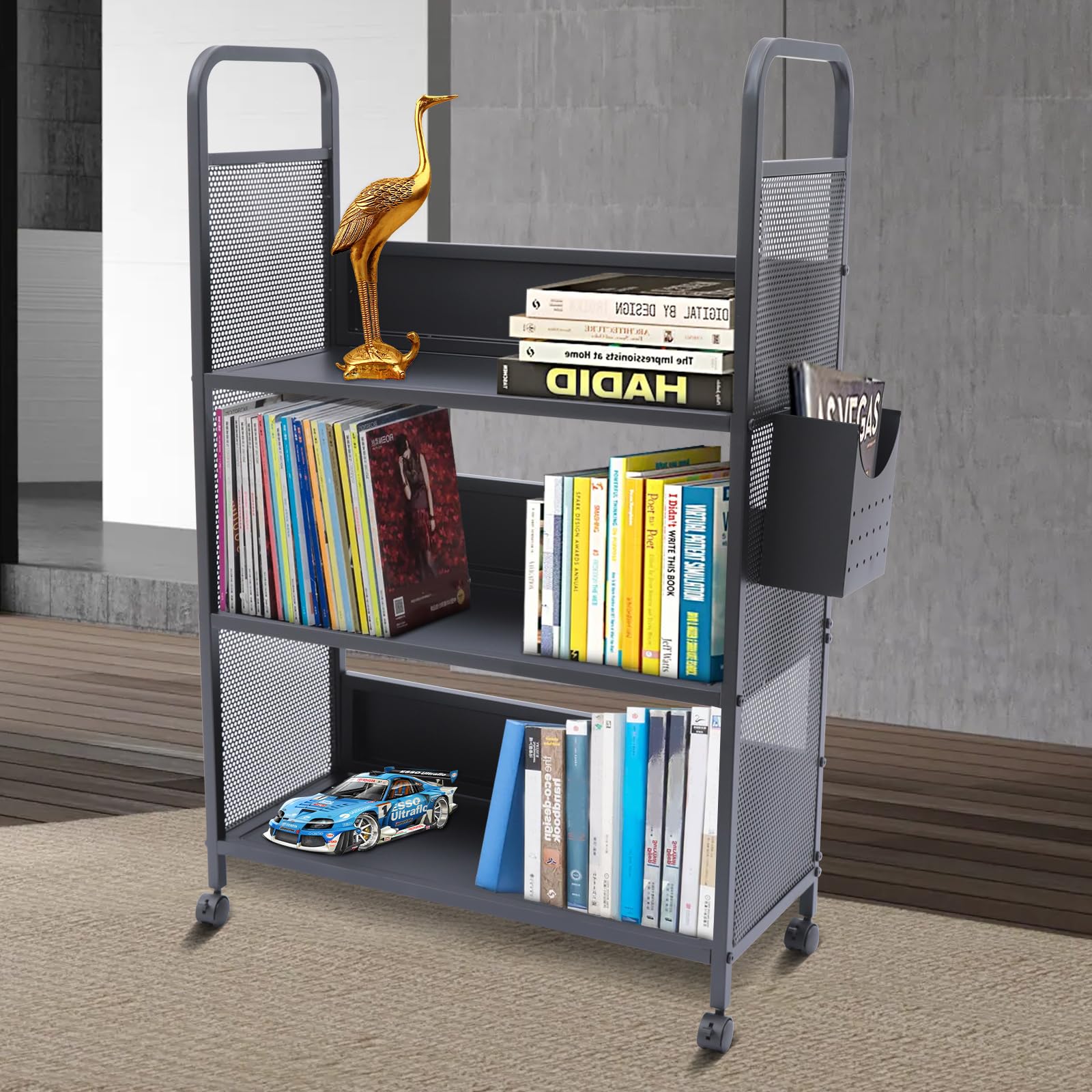 DDBESSIC Rolling Book Cart, 3 Tier Book Rack Storage Bookshelf with 3 Flat Shelves, Movable Bookcase with Wheels Utility Organizer Cart Side Literature Rack
