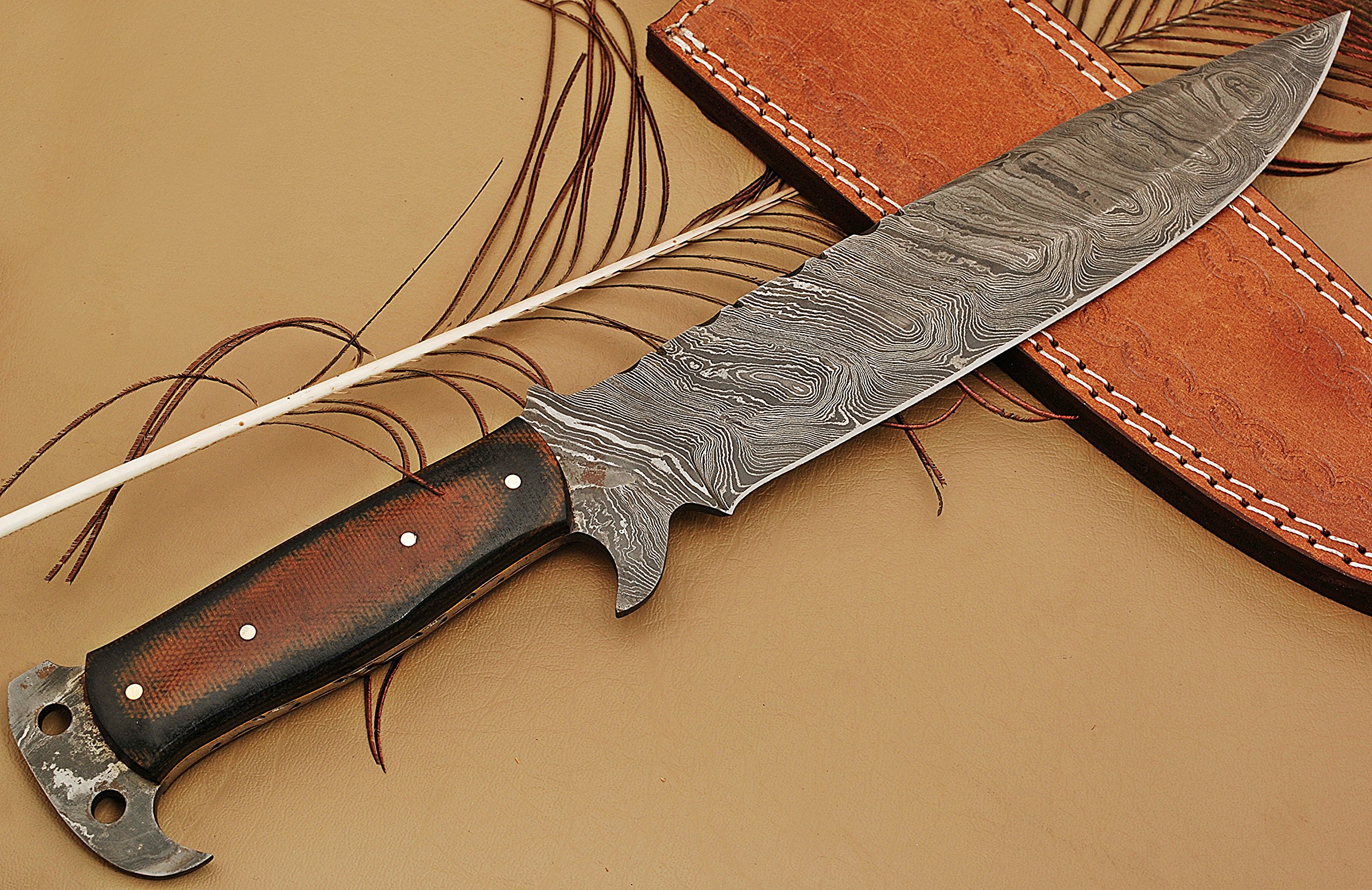 Damascus Hunting Fix Blade Knife | Custom Handmade Outdoor Camping Survival Kitchen Knives, Bowie Chef Knife EDC 18” Makala Wood Handle with Leather Sheath
