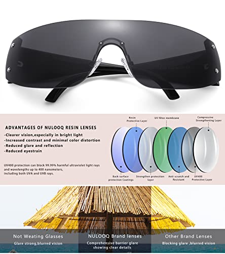 NULOOQ Rimless Y2K Sunglasses for Women Men Trendy Shield Wrap Around Sun Glasses Oversized Frameless Shades (Black/Gray)
