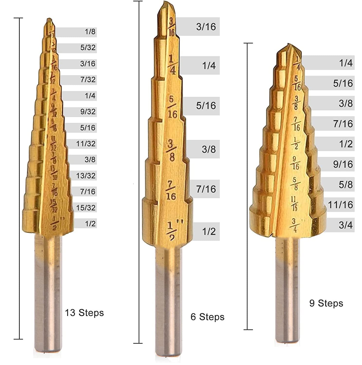 Sinoprotools Step Drill Bit & Automatic Center Punch,3pcs HSS Titanium Step Drill Bit Set, Quick Change 1/4" Shank Step Bit,Unibit Step Bits for Plastic, Wood, Sheet Metal Hole Drilling