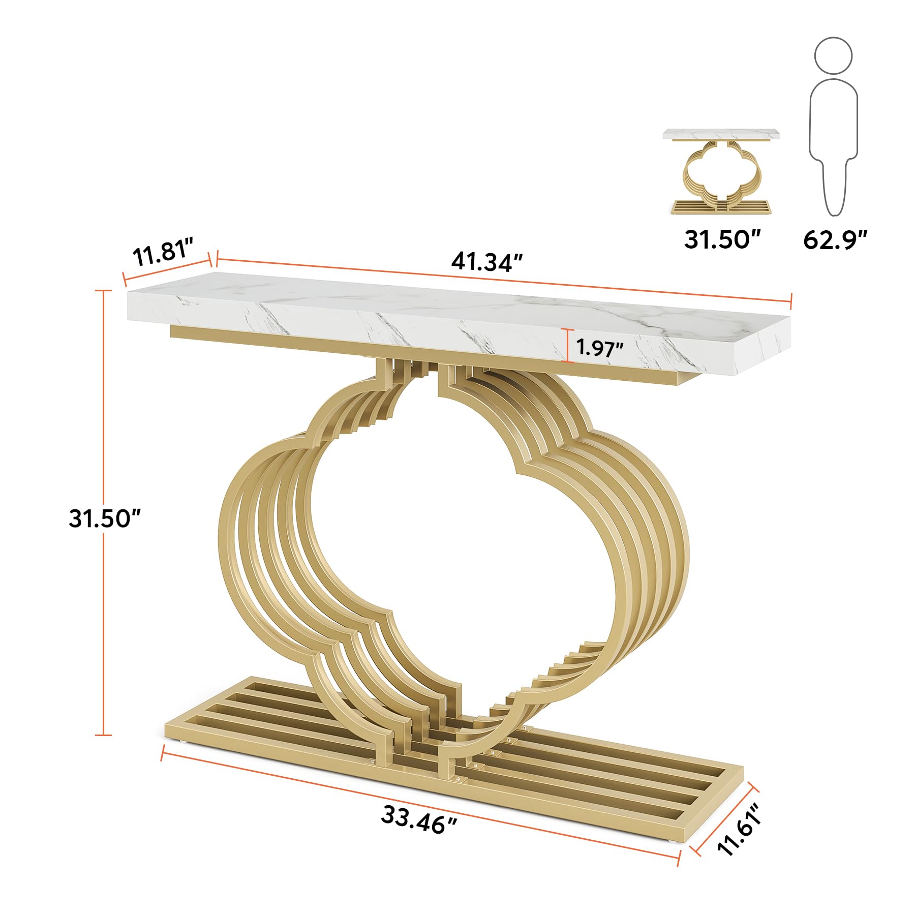 LITTLE TREE Console 41 inches Faux Marble Entryway Mordern Sofa Table with Flower Shaped Pedestal for Living Room, White & Gold